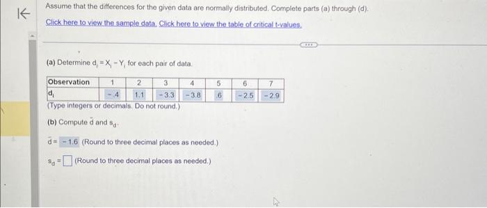 Solved Assume that the differences for the given data are | Chegg.com