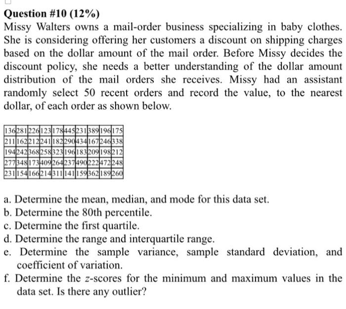 Solved Question \#10 (12\%) Missy Walters owns a mail-order | Chegg.com