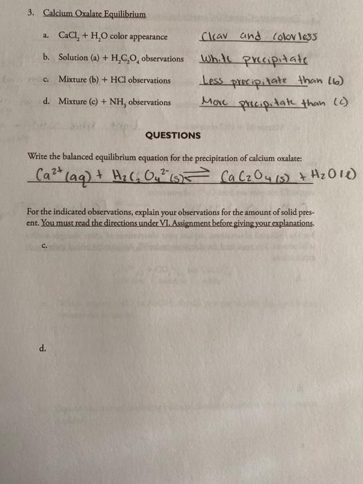 Solved 3. Calcium Oxalate Equilibrium a. CaCl,+H,O color | Chegg.com