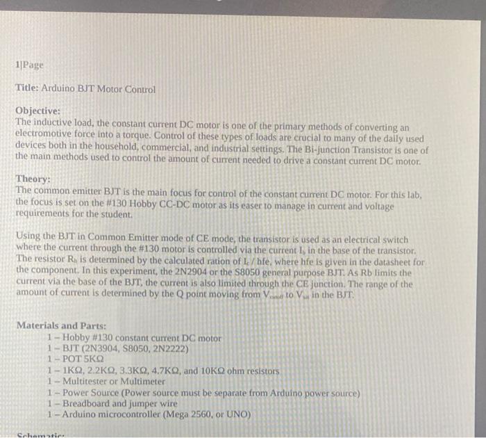 1 Page Title: Arduino BJT Motor Control Objective: | Chegg.com