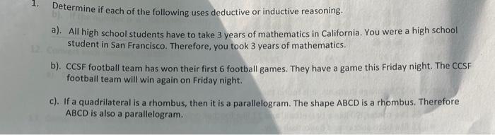 Solved 1. Determine if each of the following uses deductive | Chegg.com