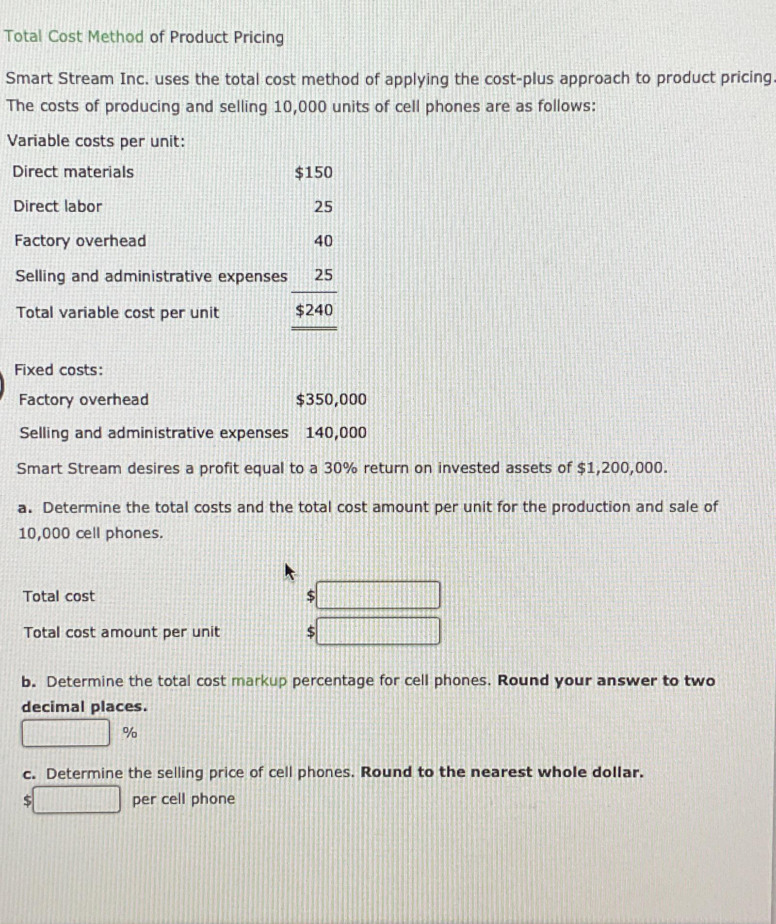 Solved Total Cost Method of Product PricingSmart Stream Inc. | Chegg.com