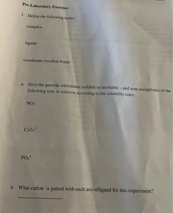 Solved Pre-Laboratory Exercise: 1. Define the following | Chegg.com