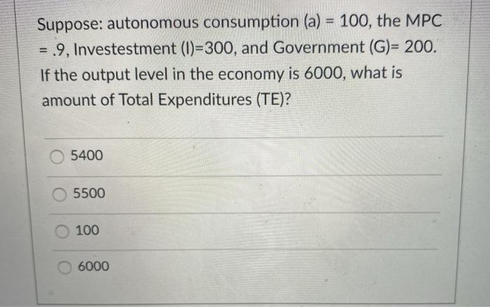 Solved Suppose: autonomous consumption (a) = 100, the MPC = | Chegg.com