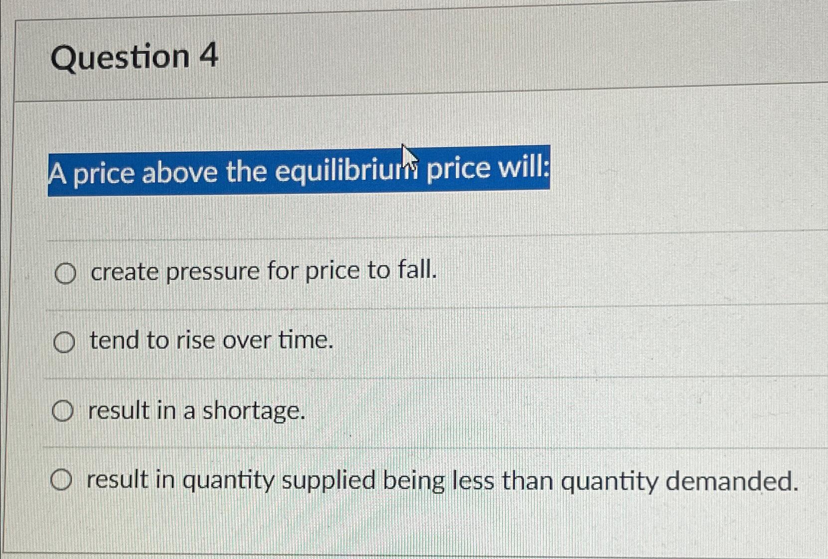 Solved Question 4A price above the equilibrium price | Chegg.com