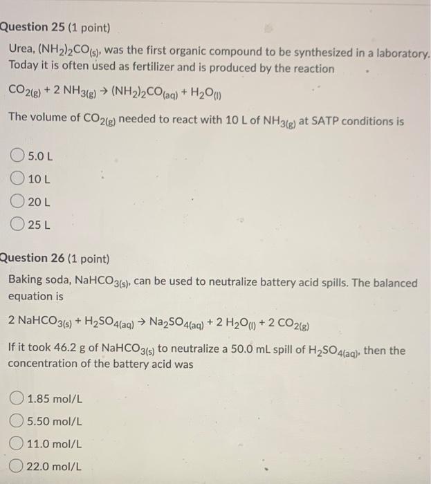 Solved Question 25 (1 point) Urea, (NH2)2CO(s), was the | Chegg.com