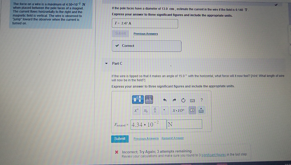 Solved The force on a wire is a maximum of 4.50×10-2Nwhen | Chegg.com