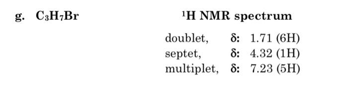 Solved g. C3H;Br 'H NMR spectrum 8: 1.71 (6H) 8: 4.32 (1H) | Chegg.com