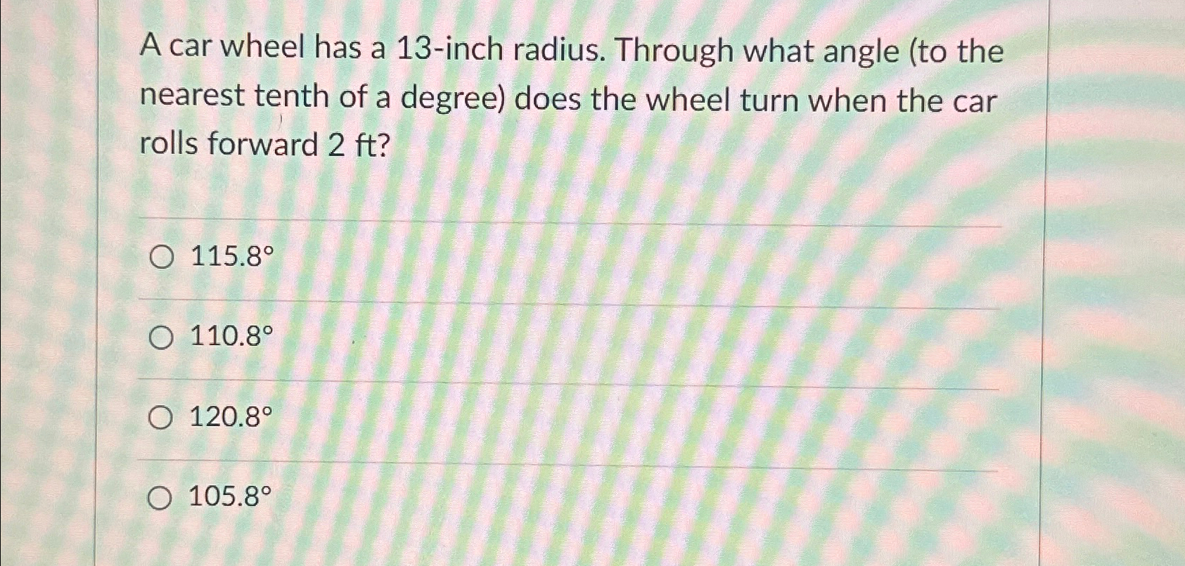 Solved A car wheel has a 13-inch radius. Through what angle | Chegg.com