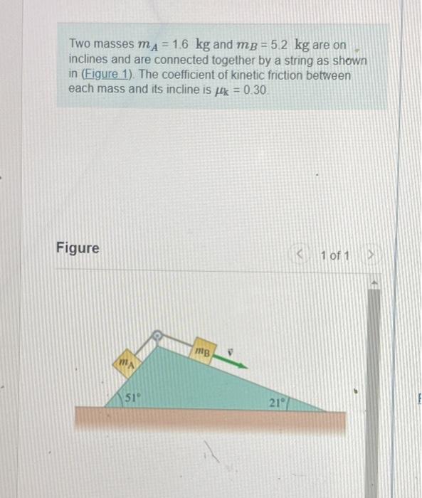 Solved Two masses mA=1.6 kg and mB=5.2 kg are on inclines | Chegg.com