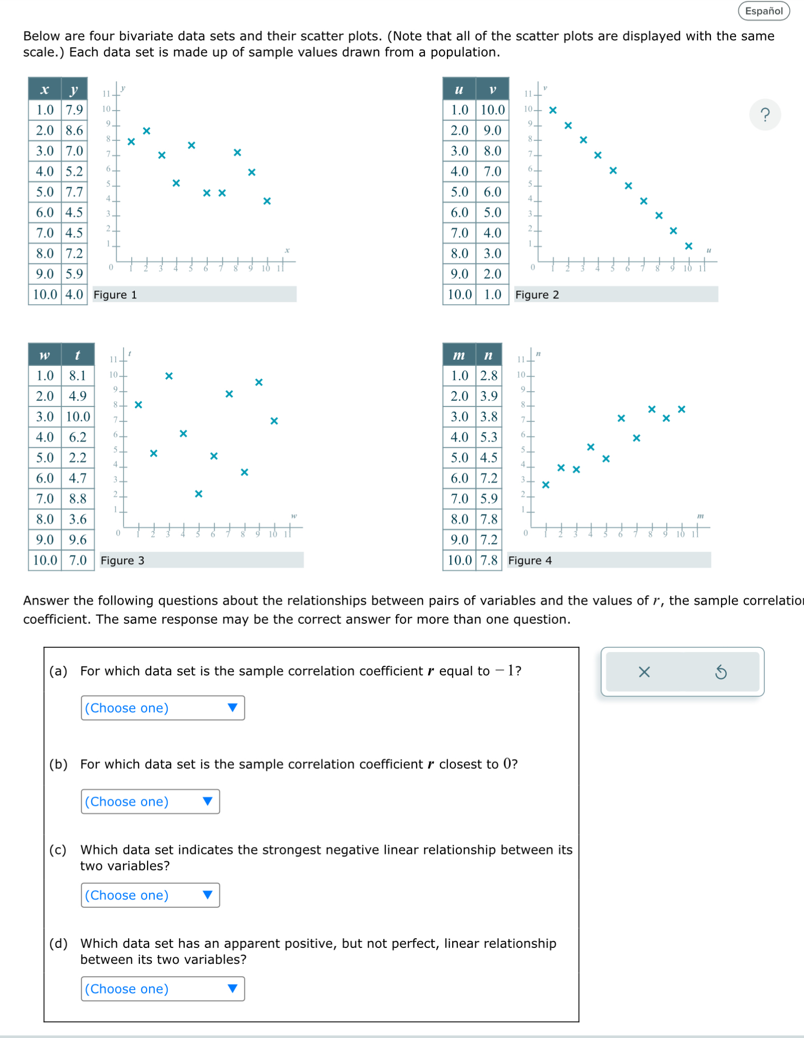 Solved EspañolBelow are four bivariate data sets and their | Chegg.com