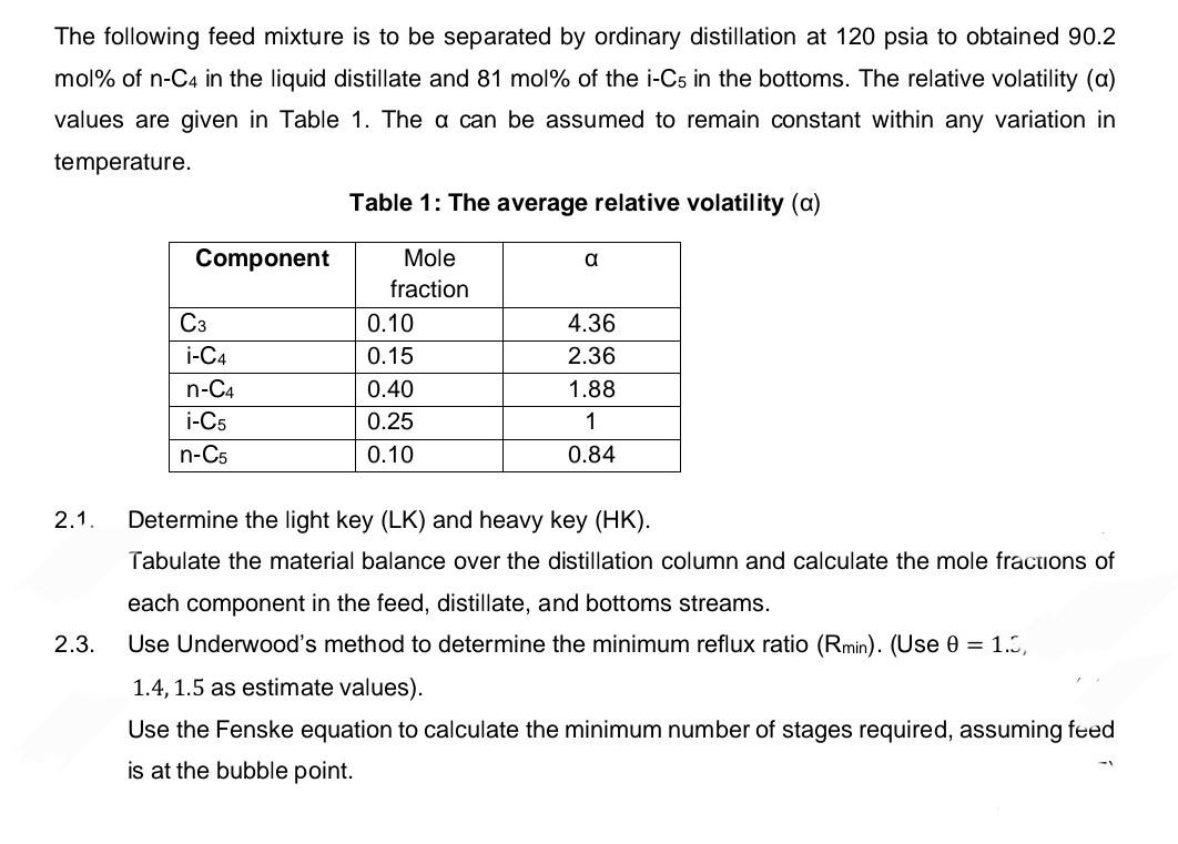 Solved The following feed mixture is to be separated by | Chegg.com