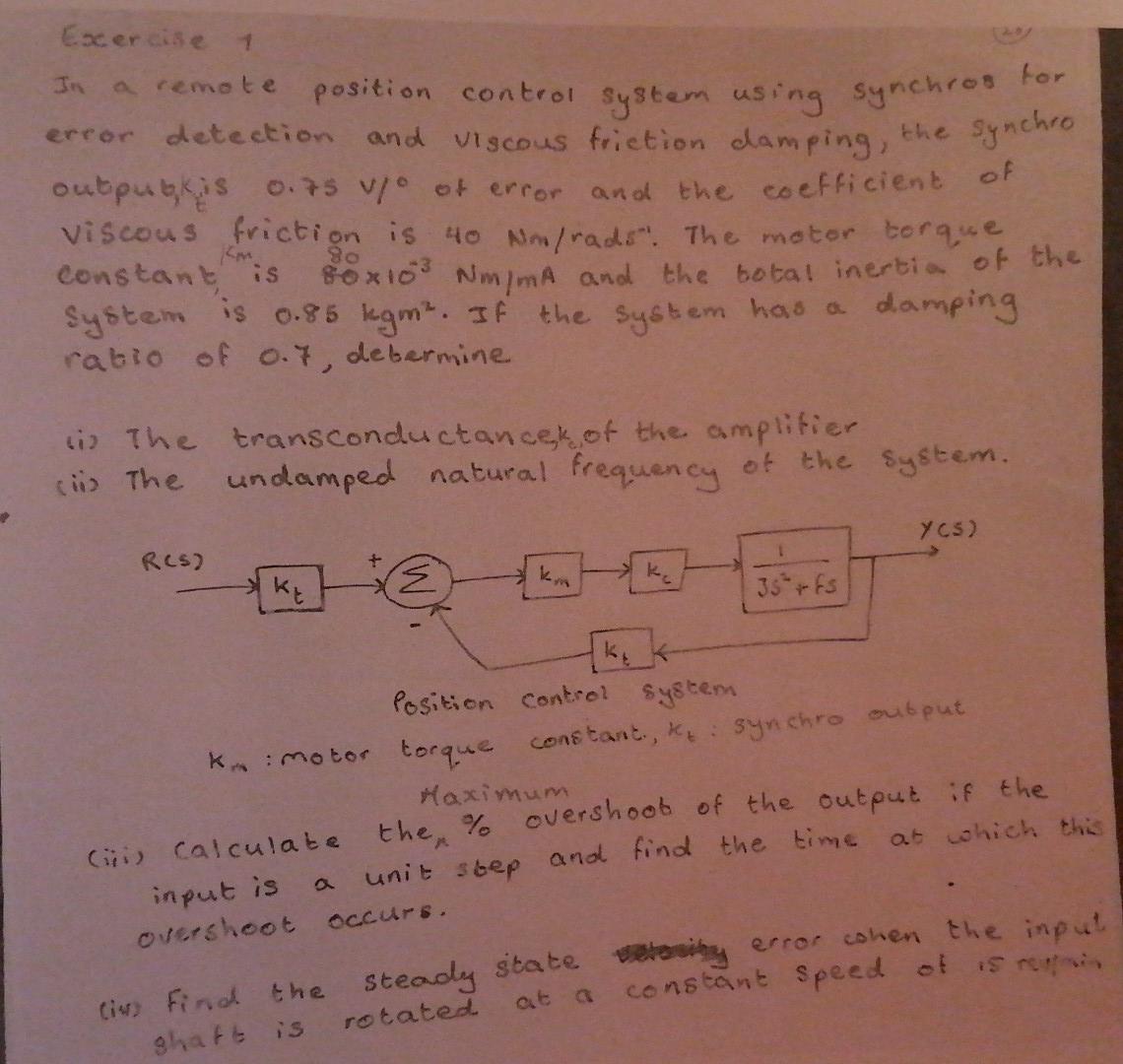 Solved Exercise 1 In a remote position control system using | Chegg.com