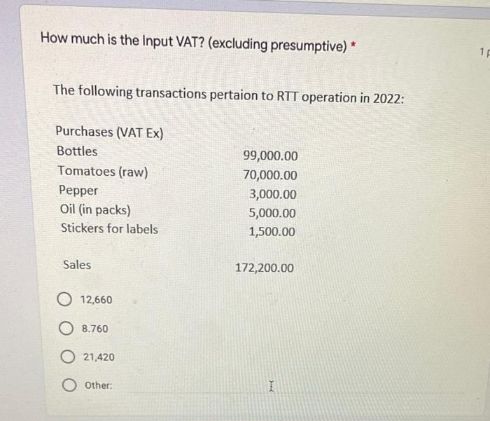 Solved How much is the Input VAT? (excluding presumptive) * | Chegg.com