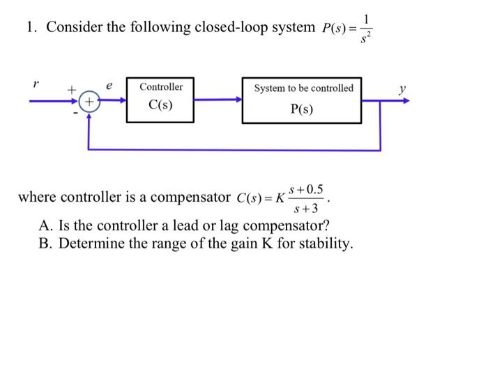 Solved 1. Consider the following closed-loop system P(s) = | Chegg.com