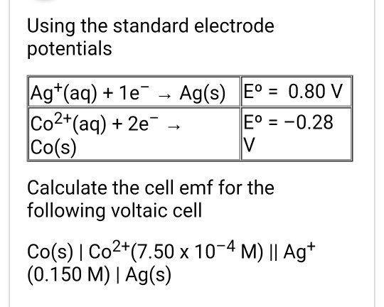 Solved Using The Standard Electrode Potentials Ag Aq 1e