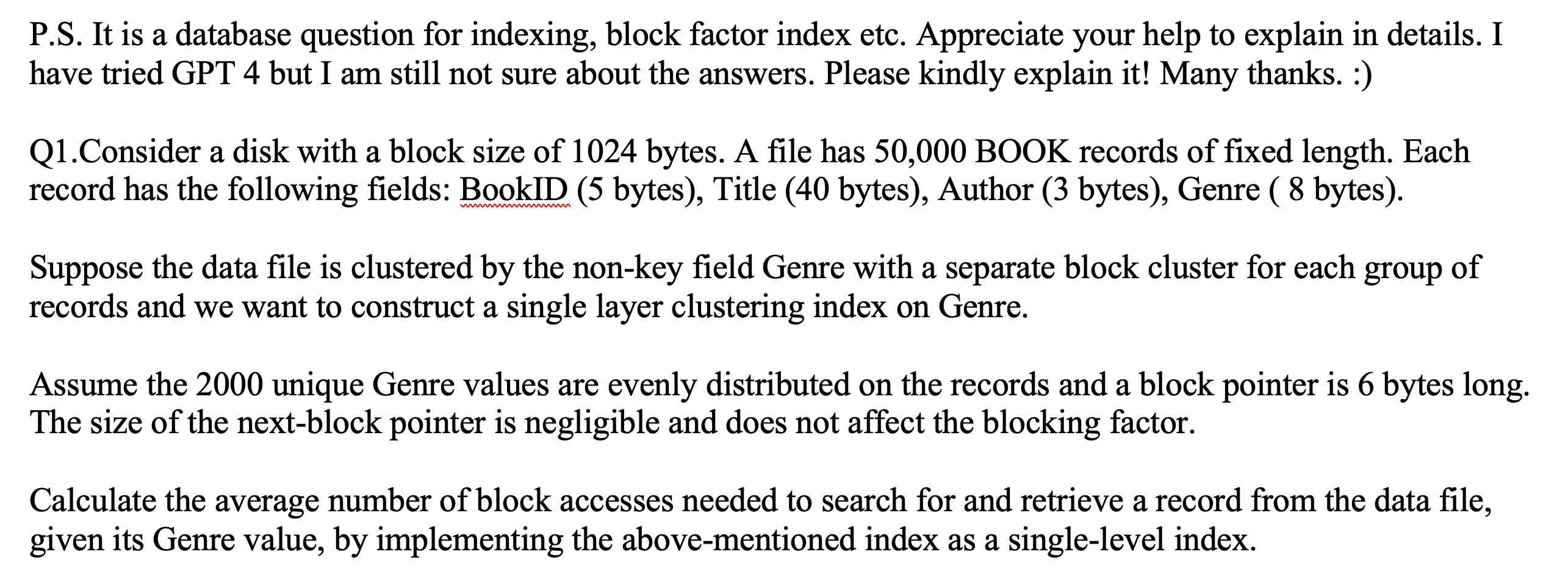 Solved P.S. ﻿It is a database question for indexing, block | Chegg.com