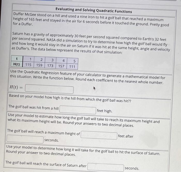 Solved Evaluating and Solving Quadratic Functions Duffer | Chegg.com