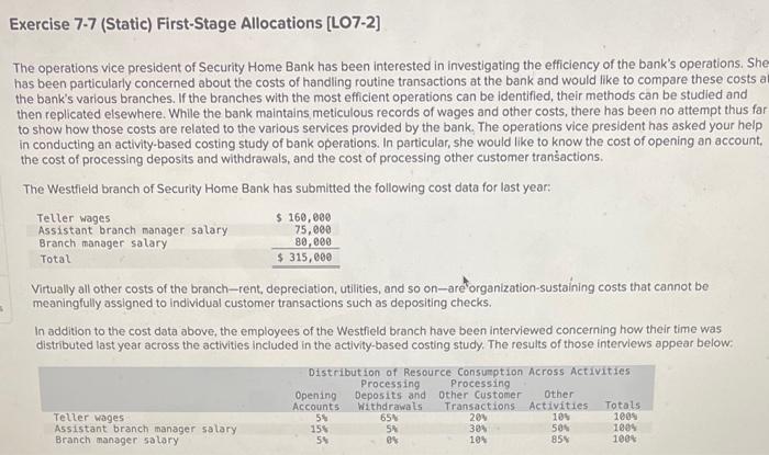 Solved Exercise 7-7 (Static) First-Stage Allocations (L07-2] | Chegg.com