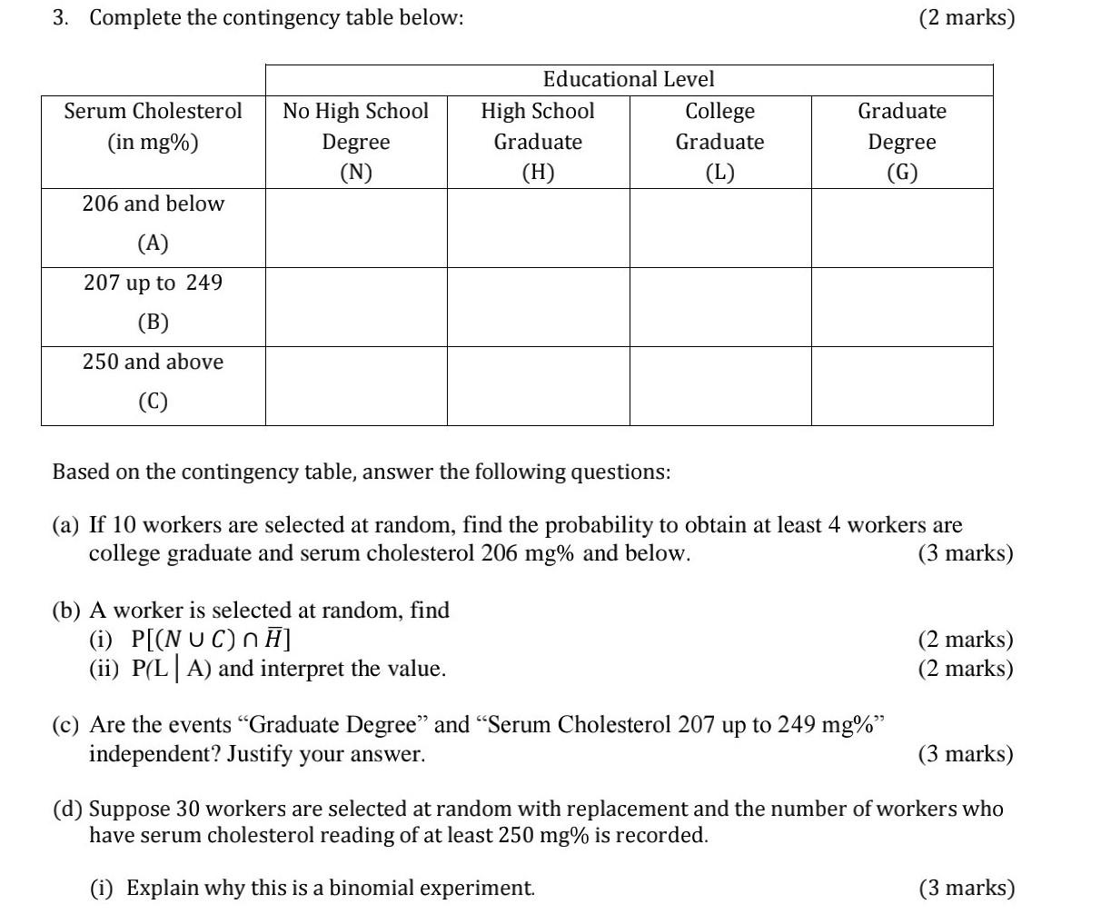 Solved 3. Complete the contingency table below: (2 marks) | Chegg.com
