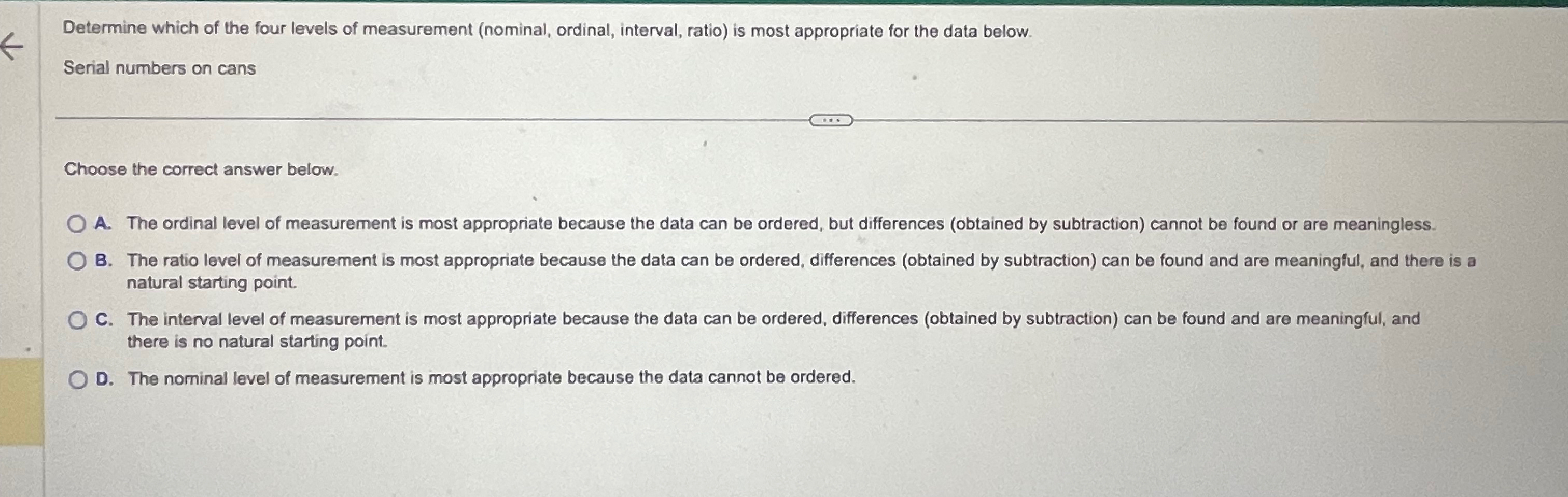 Solved Determine which of the four levels of measurement | Chegg.com