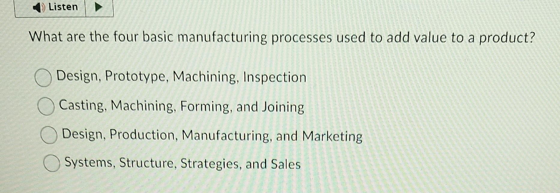 Solved What are the four basic manufacturing processes used | Chegg.com