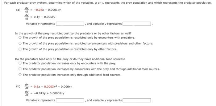 Solved or each predator-prey system, determine which of the | Chegg.com