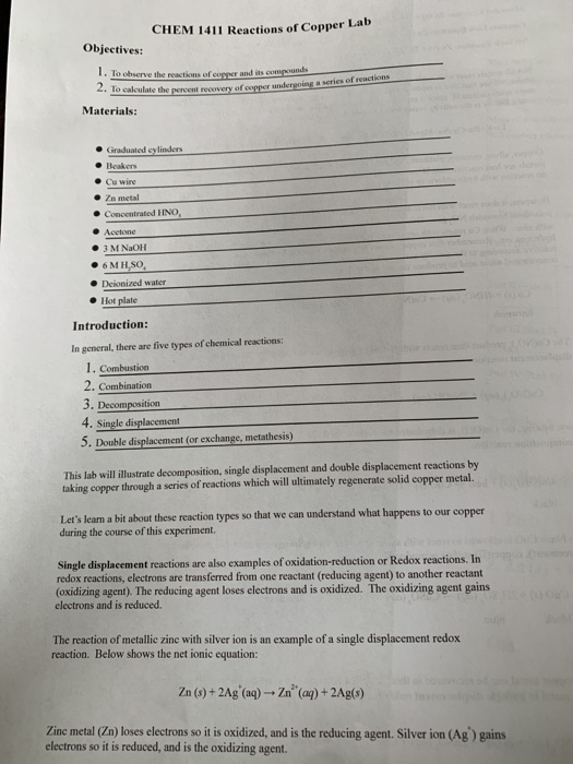 Solved CHEM 1411 Reactions of Copper Lab Objectives: 1. To | Chegg.com