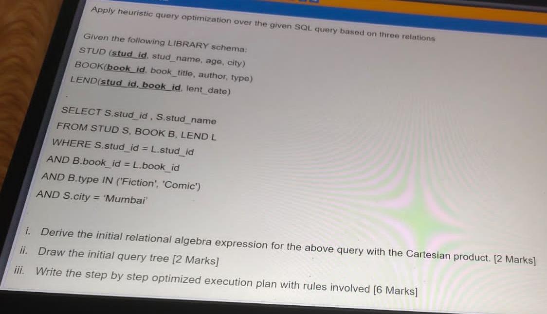 Solved Apply heuristic query optimization over the given SQL | Chegg.com