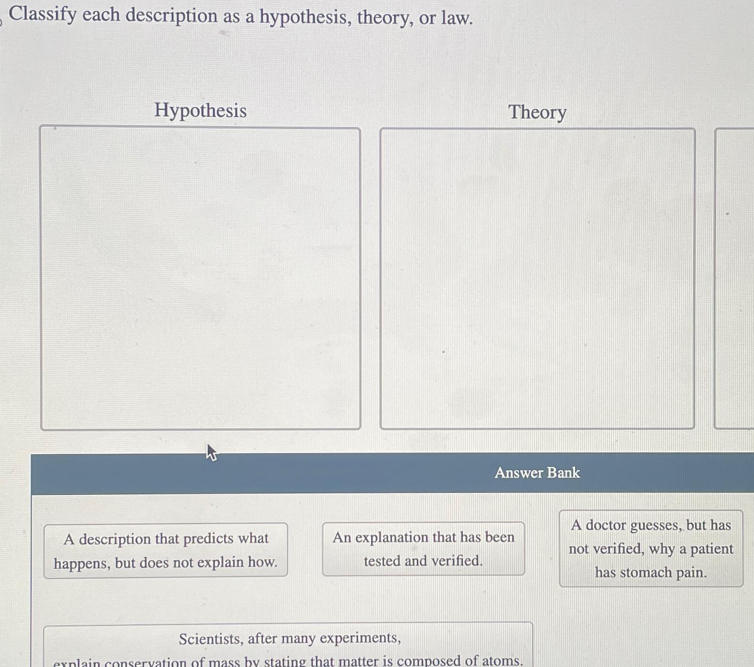 Solved Classify each description as a hypothesis, theory, or | Chegg.com