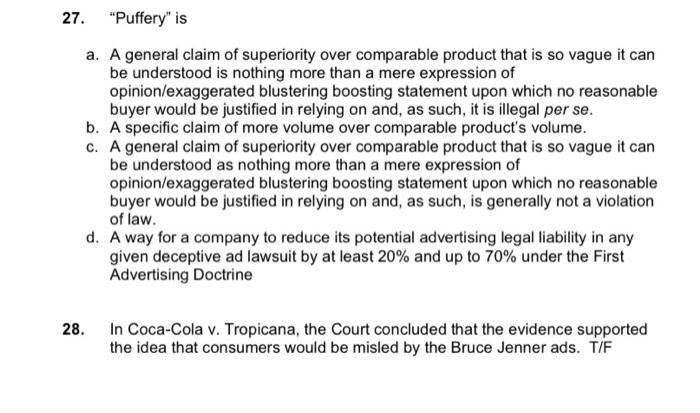 Solved 27. "Puffery" is a. A general claim of superiority | Chegg.com