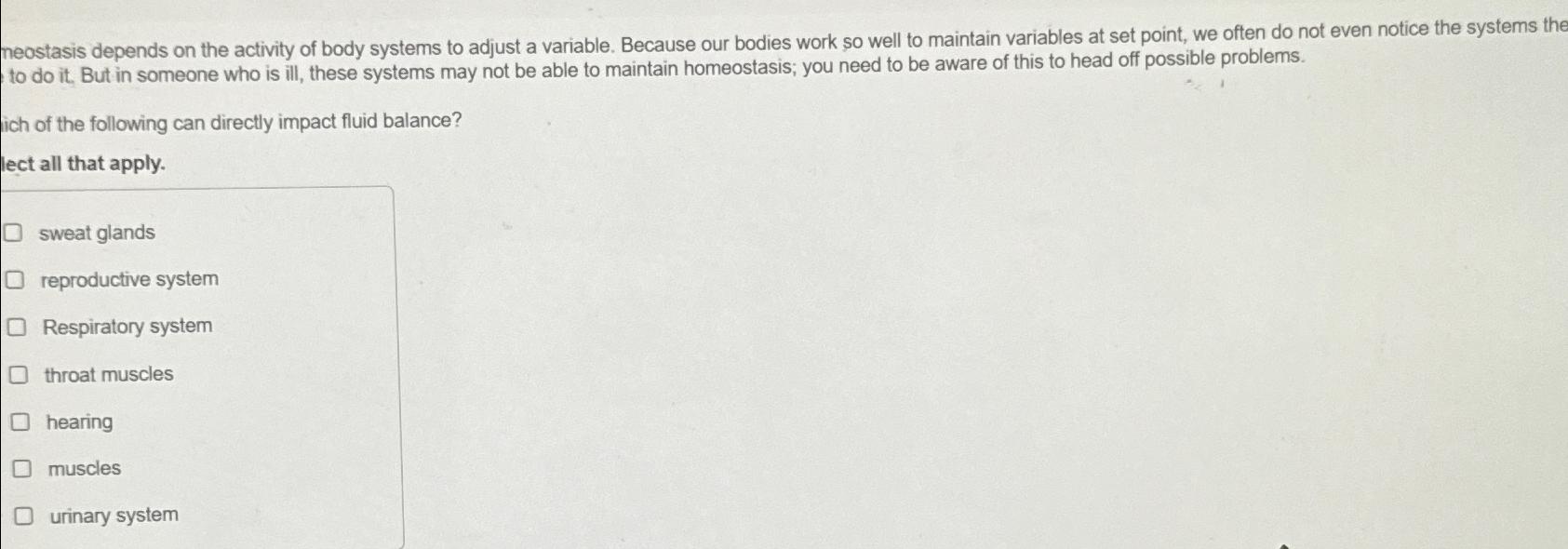 Solved homeostasis depends on the activity of body systems | Chegg.com