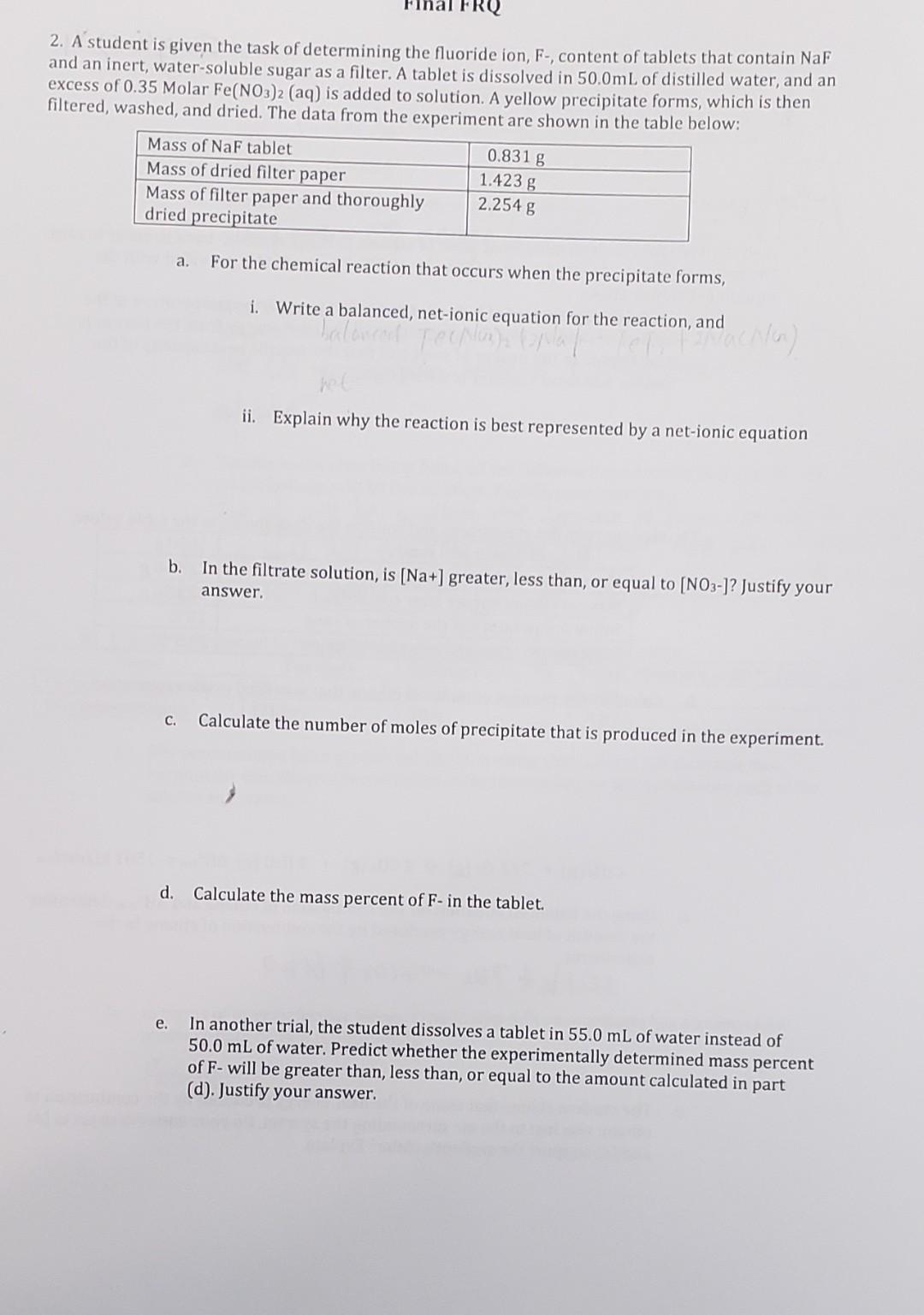 Solved FRQ 2. A student is given the task of determining the | Chegg.com