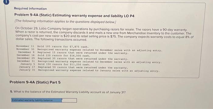 Solved Required information Problem 9.4A (Static) Estimating | Chegg.com