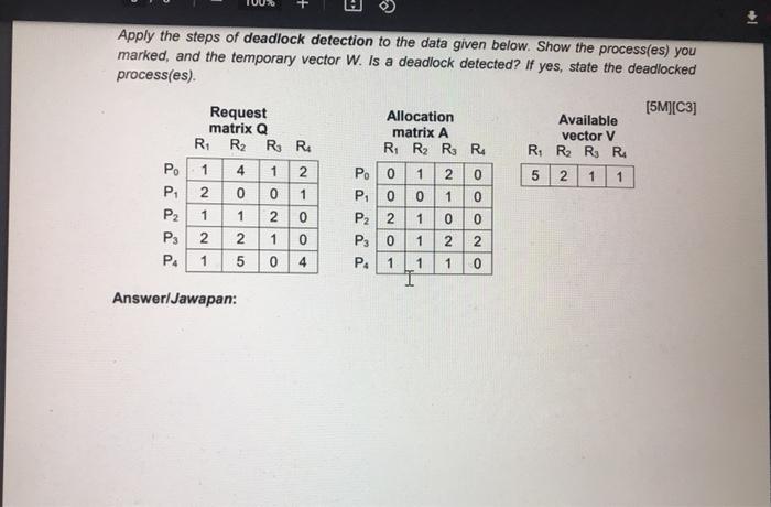Solved Apply the steps of deadlock detection to the data | Chegg.com