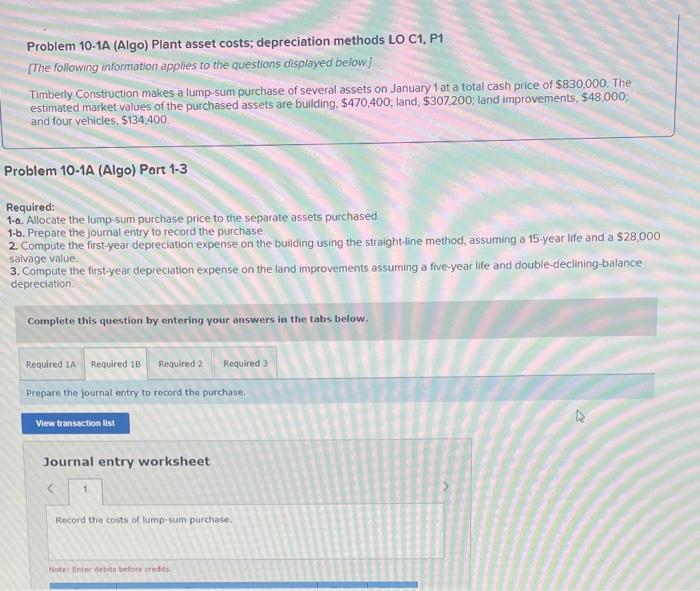 Solved Required information Problem 10-1A (Algo) Plant asset | Chegg.com