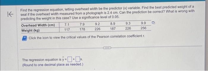 Solved Find the regression equation, letting overhead width | Chegg.com
