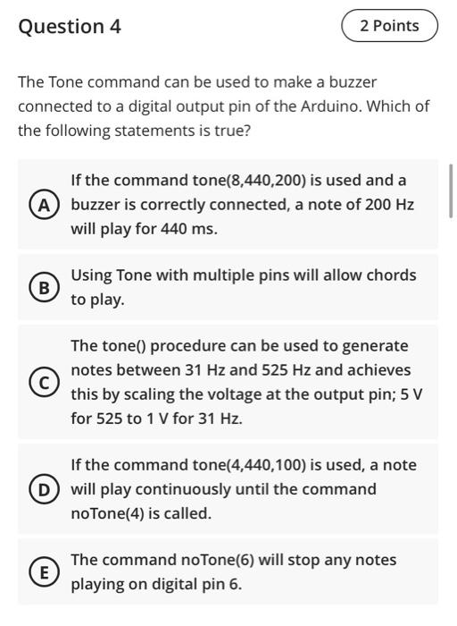 Solved Question 4 2 Points The Tone command can be used to | Chegg.com