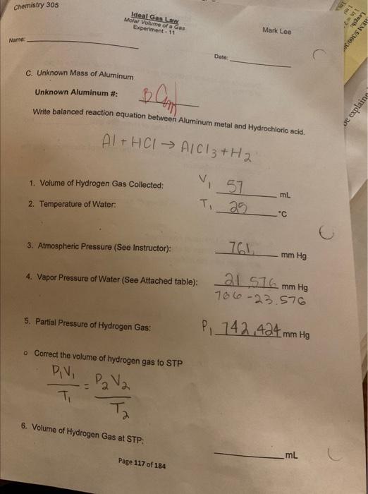 Solved Chemistry 305 Name Calculate the mole of hydrogen gas | Chegg.com