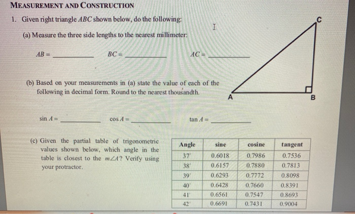 Solved MEASUREMENT AND CONSTRUCTION 1. Given right triangle | Chegg.com
