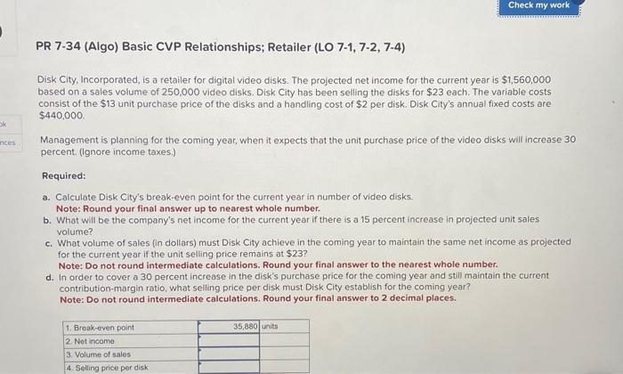 Solved PR 7-34 (Algo) Basic CVP Relationships; Retailer (LO | Chegg.com