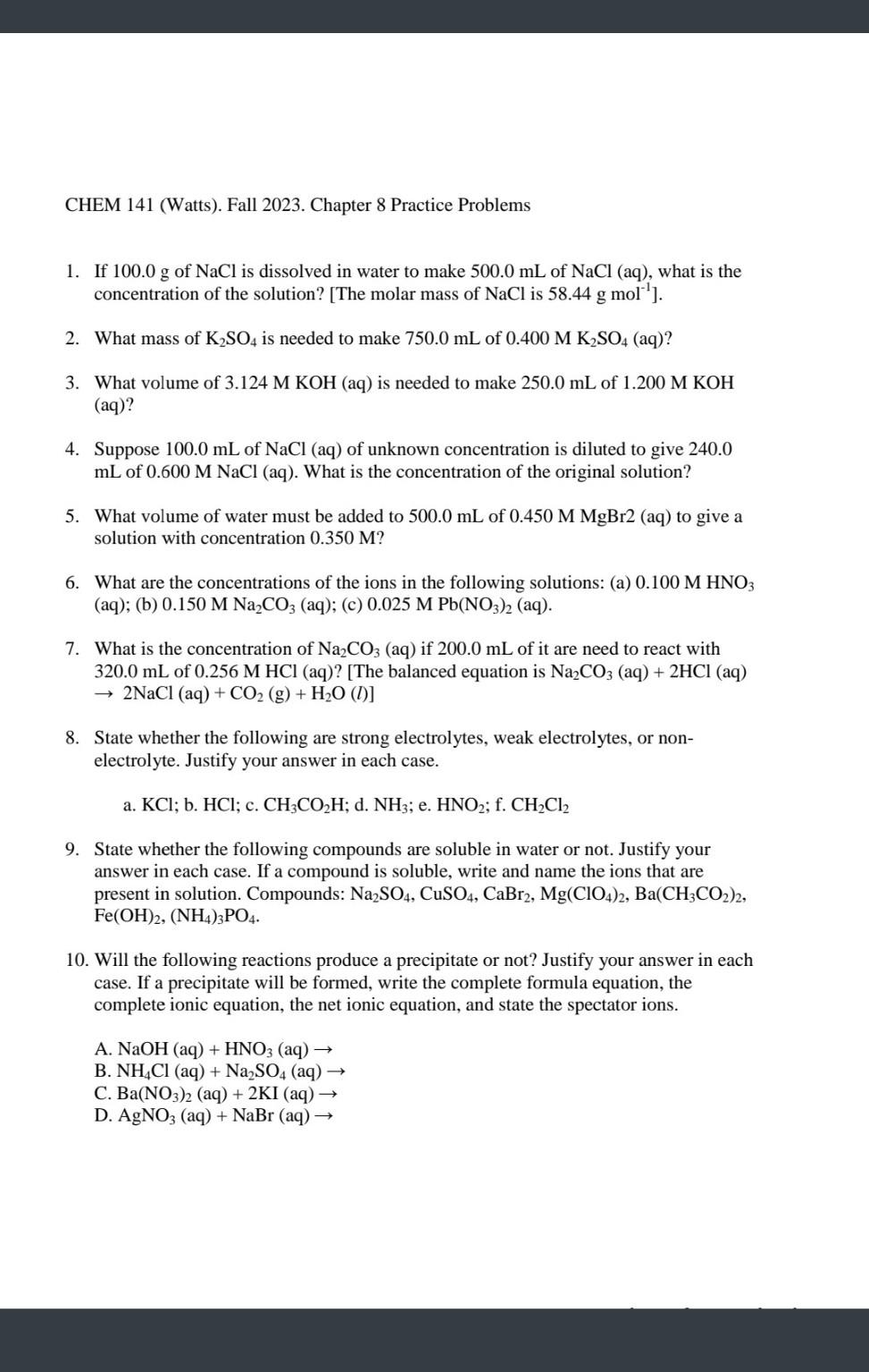 Solved CHEM 141 (Watts). Fall 2023. Chapter 8 Practice | Chegg.com