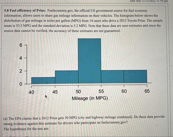 Solved 5.8 Fuel efficiency of Prius: Fueleconomy.gov, the | Chegg.com