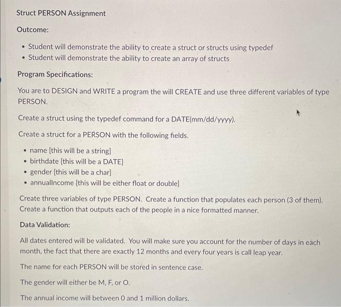 Solved Struct PERSON Assignment Outcome: - Student will | Chegg.com Solved Struct PERSON Assignment Outcome: - Student will | Chegg.com