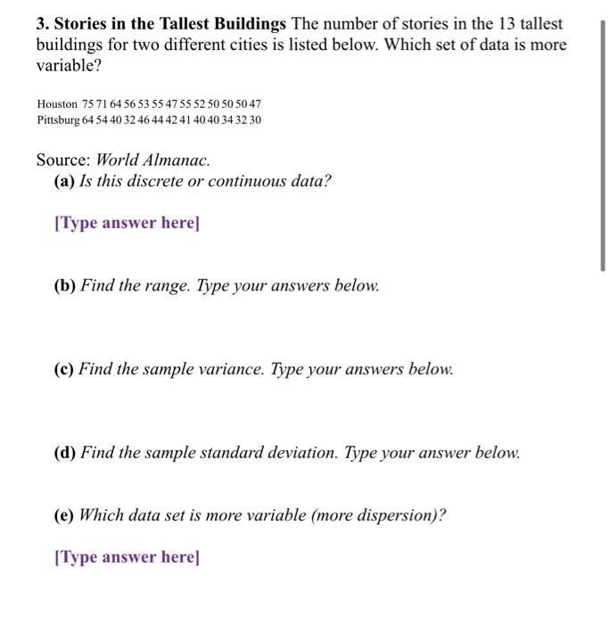 Solved 3. Stories in the Tallest Buildings The number of | Chegg.com