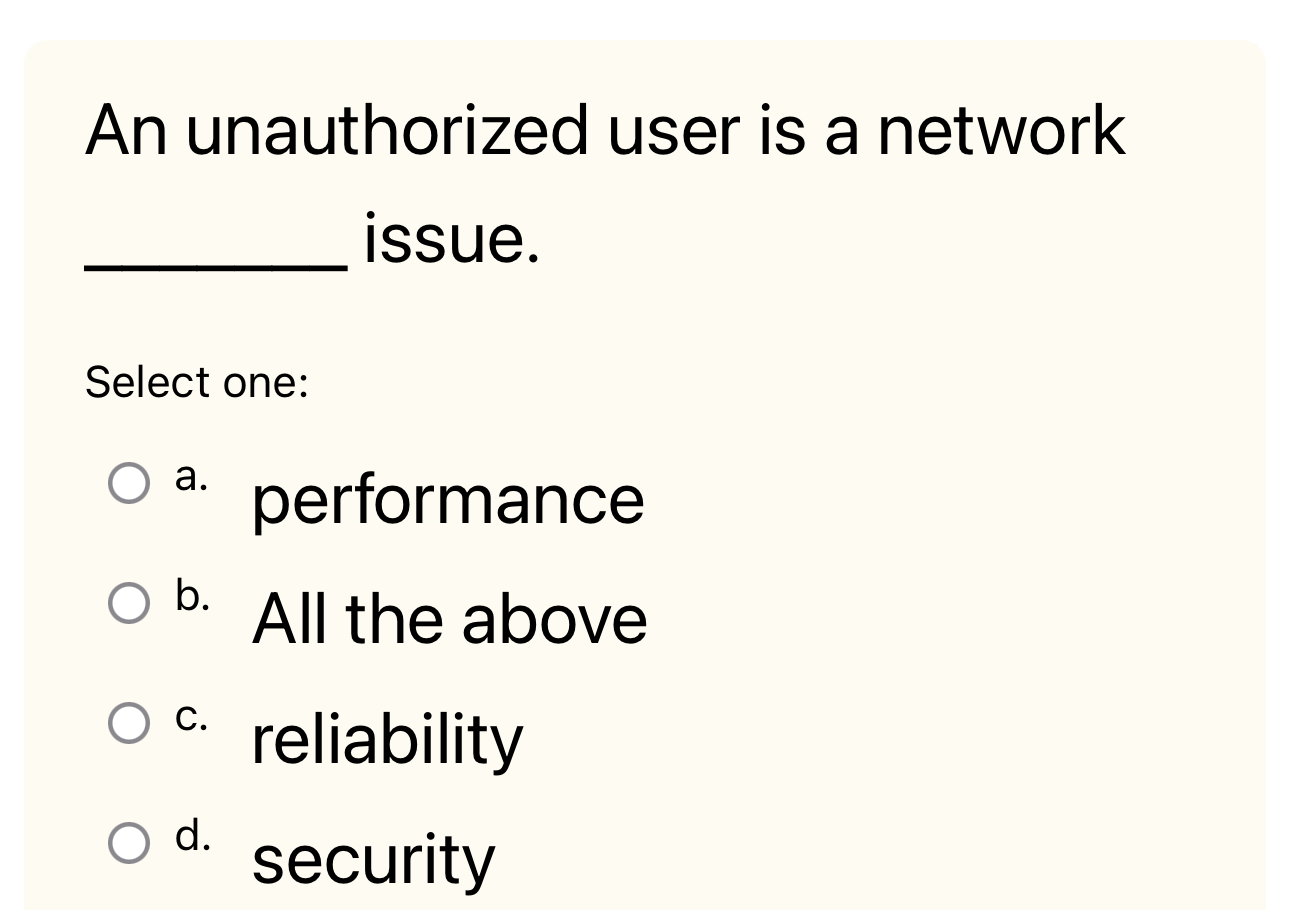 Solved An unauthorized user is a network issue.Select one:a. | Chegg.com