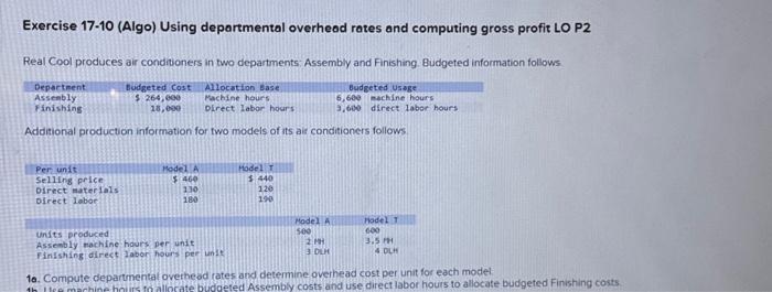 Solved Exercise 17-10 (Algo) Using departmental overheod | Chegg.com