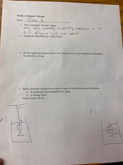 Solved Prelab: Archimedes Principle Name: Jose L 1. State | Chegg.com
