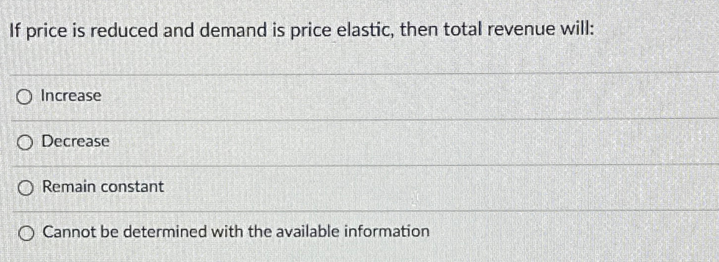 Solved If price is reduced and demand is price elastic, then | Chegg.com