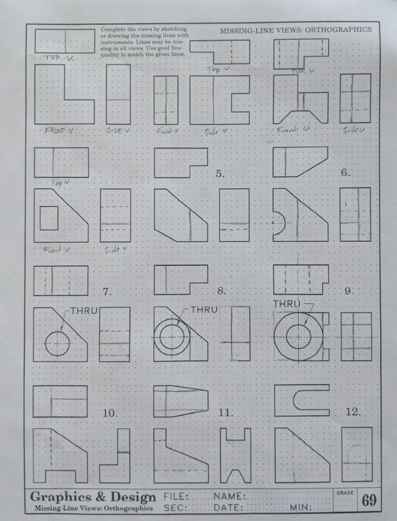 Solved MISSING-LINE VIEWS: ORTHOGRAPHICS Complete the views | Chegg.com